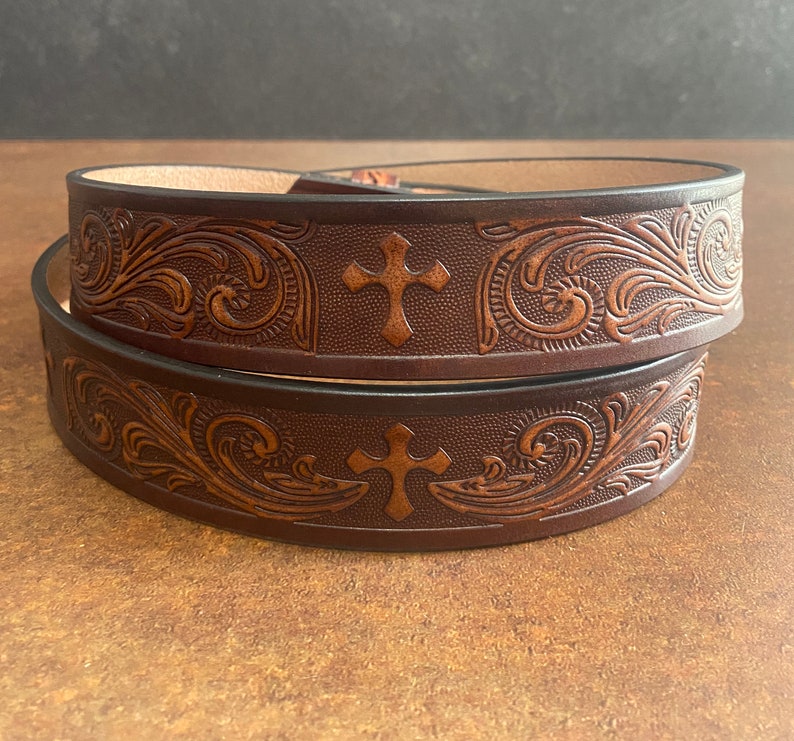 Tooled Western Cross Carved Leather Belt 100% Genuine Full Grain ...