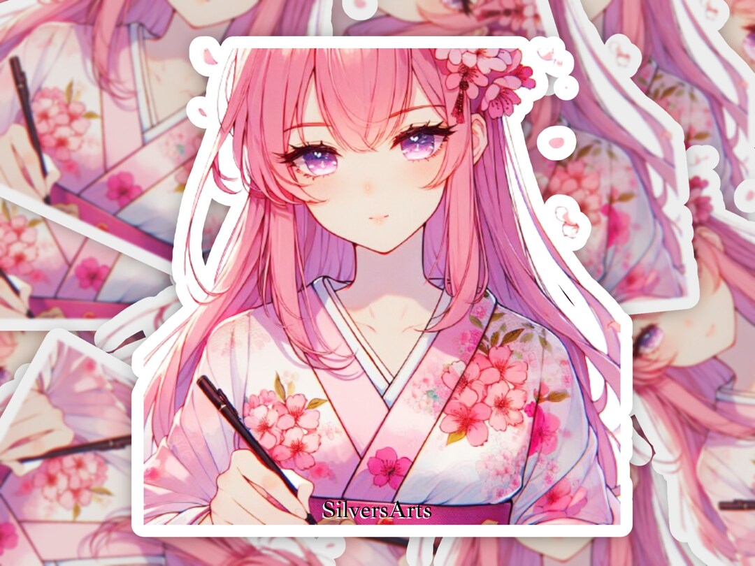 Sakura Design Kimono Anime Waifu Sticker Scratch Resistant Pink Sakura ...