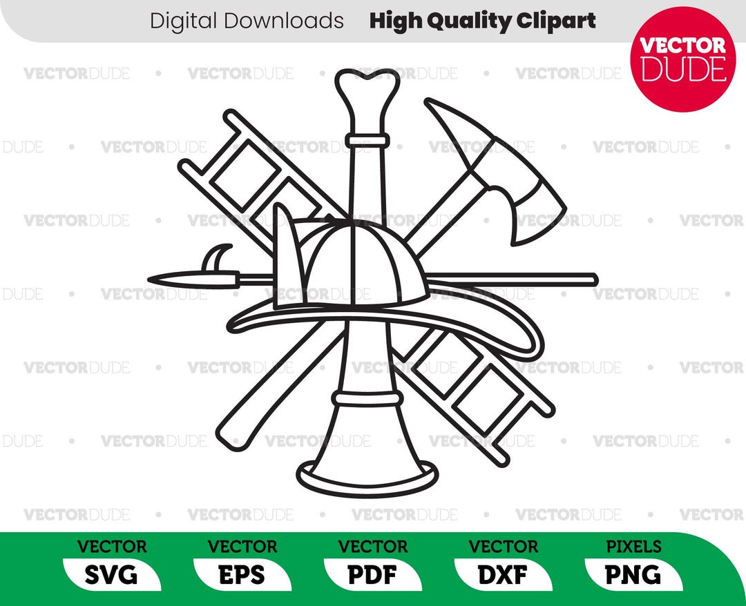 Firefighter / Fireman Ladder Bugle Helmet Ax Hook Tool Vector, High ...
