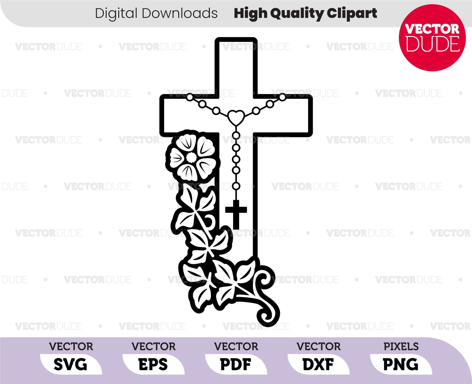 Religious Cross With Rosary Beads and Floral Border High Quality Vector ...