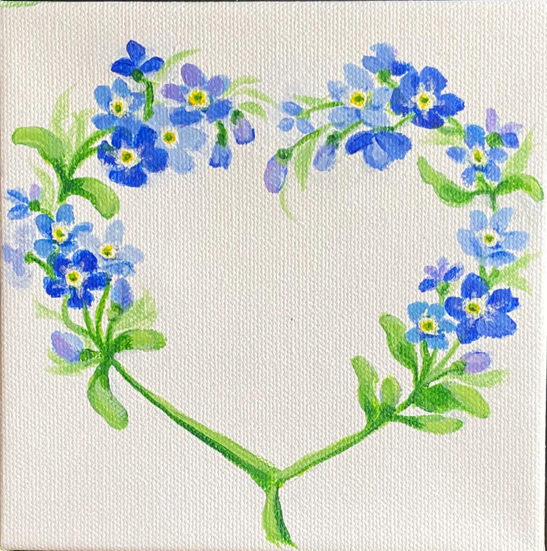 Hand Painted Heart Art, Blue Forget Me Not, Hand Painted, Small Canvas ...