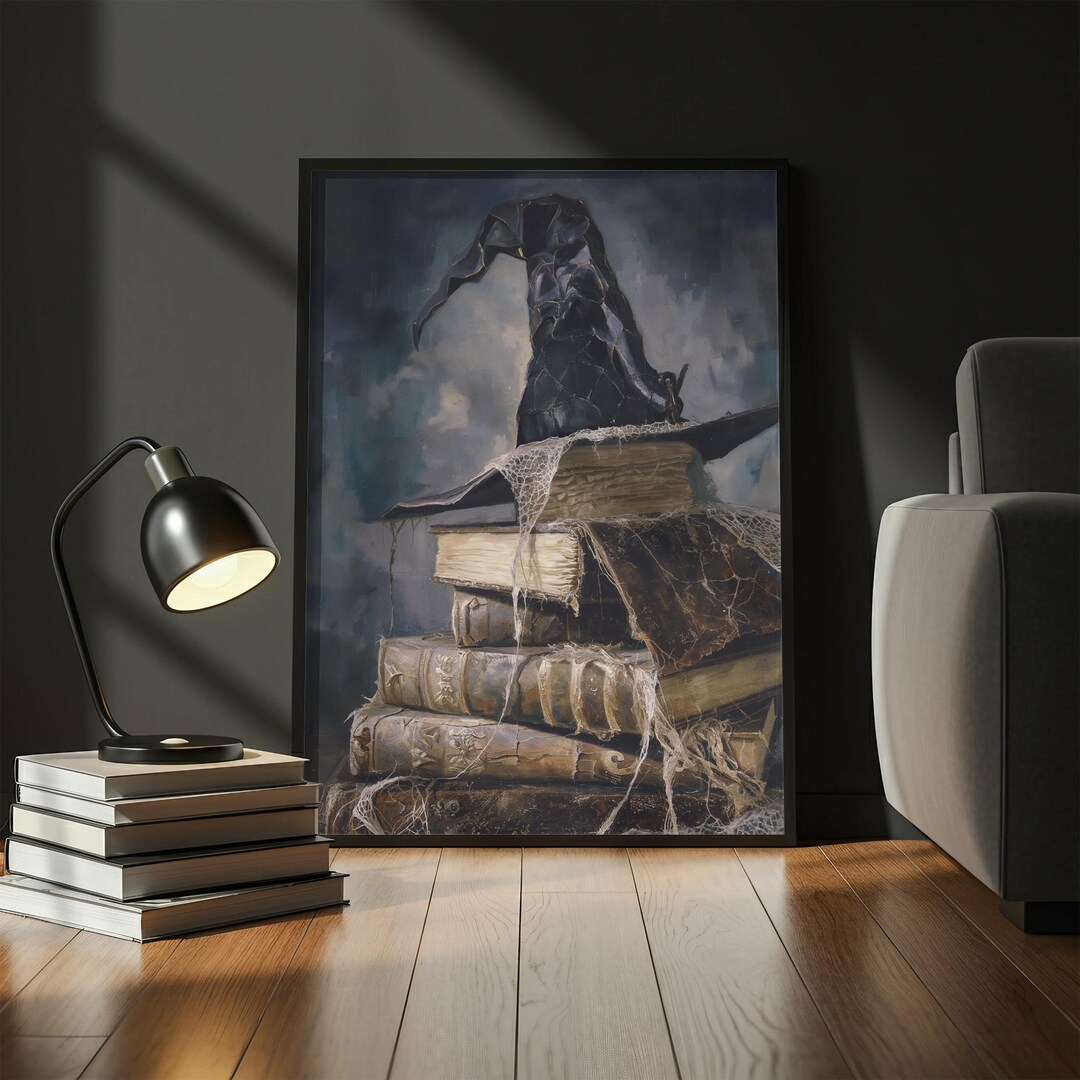 PRINTABLE Vintage Witch Hat Stack of Books, Halloween Wall Art, Digital ...