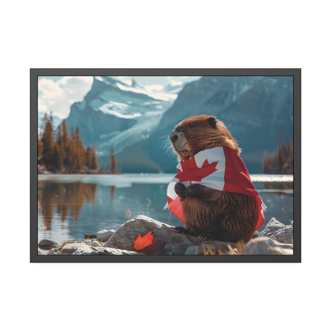 Canada Day Beaver With Canadian Flag and Mountains, Framed Horizontal ...