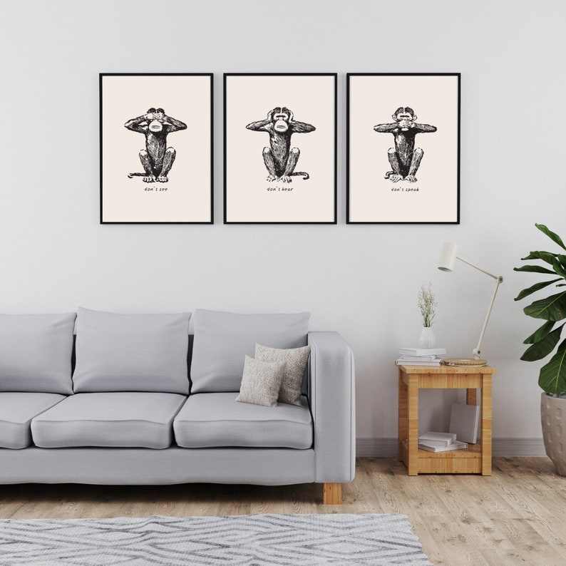 Three Wise Monkeys Wall Art Chimpanzee Poster Animal Print Monkey Lover ...
