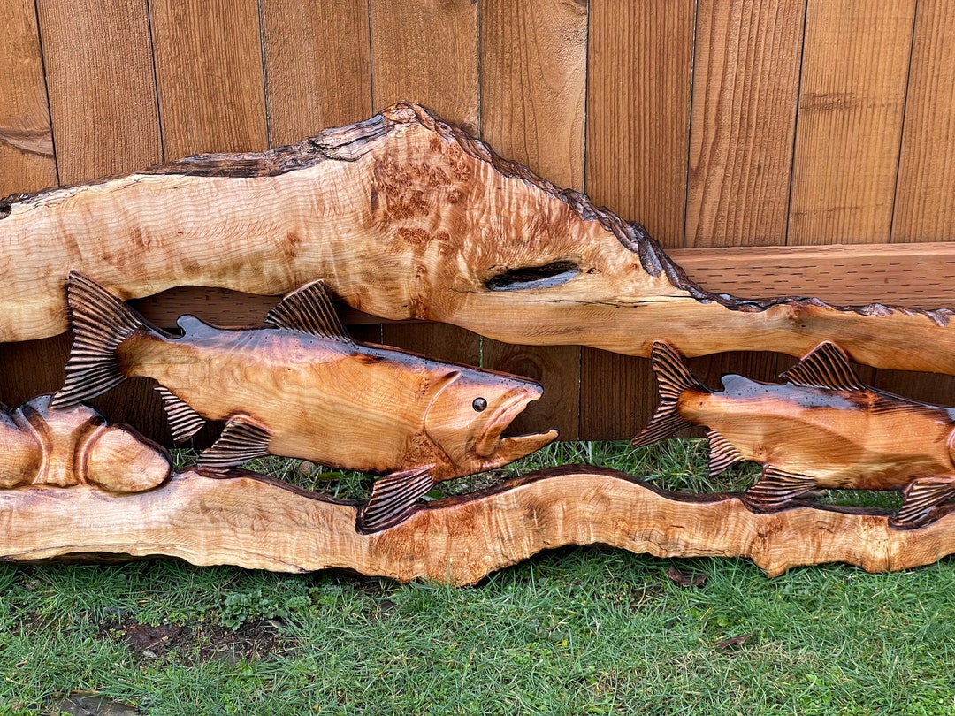 Salmon Wildlife Art Decor, Salmon Wall Wood, Chainsaw Salmon Carving ...