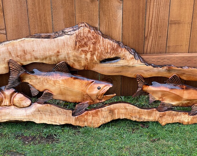 Salmon Wildlife Art Decor, Salmon Wall Wood, Chainsaw Salmon Carving ...