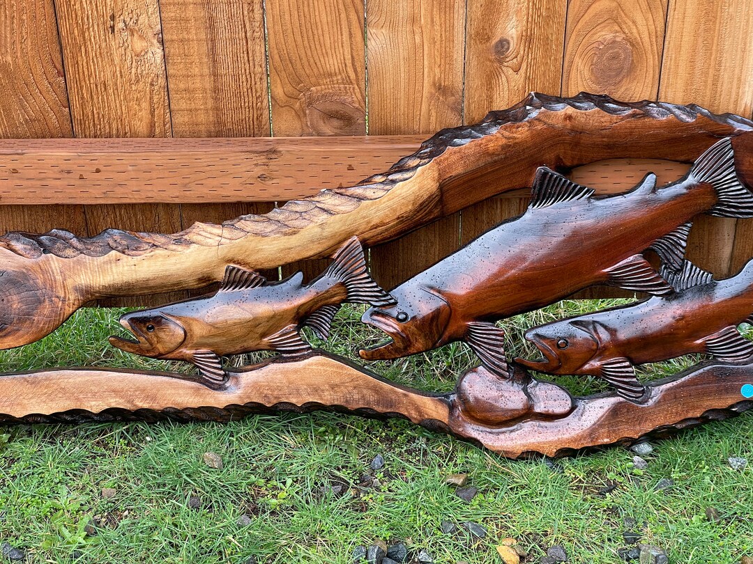 Realistic Wildlife Salmon Going Upstream Chainsaw Sculpture: Rustic Wall Art Decor - Etsy