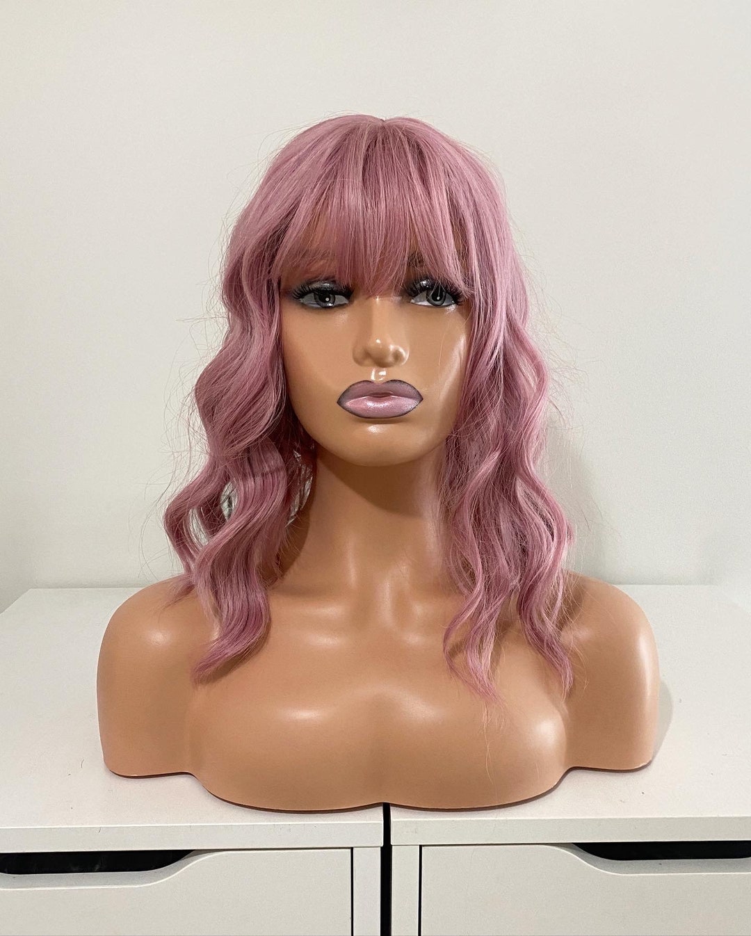 Pink Natural Looking Realistic Heat Resistant Short Wavy Curly Bob Hair Wig With Fringe Bangs Etsy