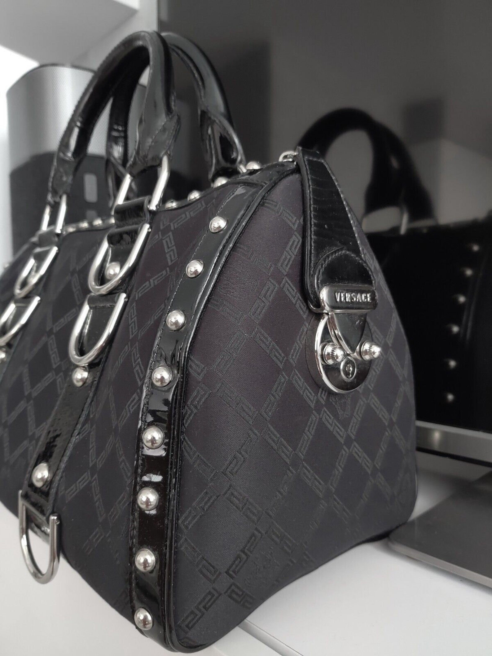 Gianni Versace Madonna Greek Key Medusa Black Monogram Fabric Patent ...