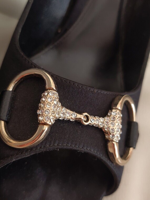 Gucci Black Satin Pumps Rhinestone Horsebit Heels Cry… - Gem
