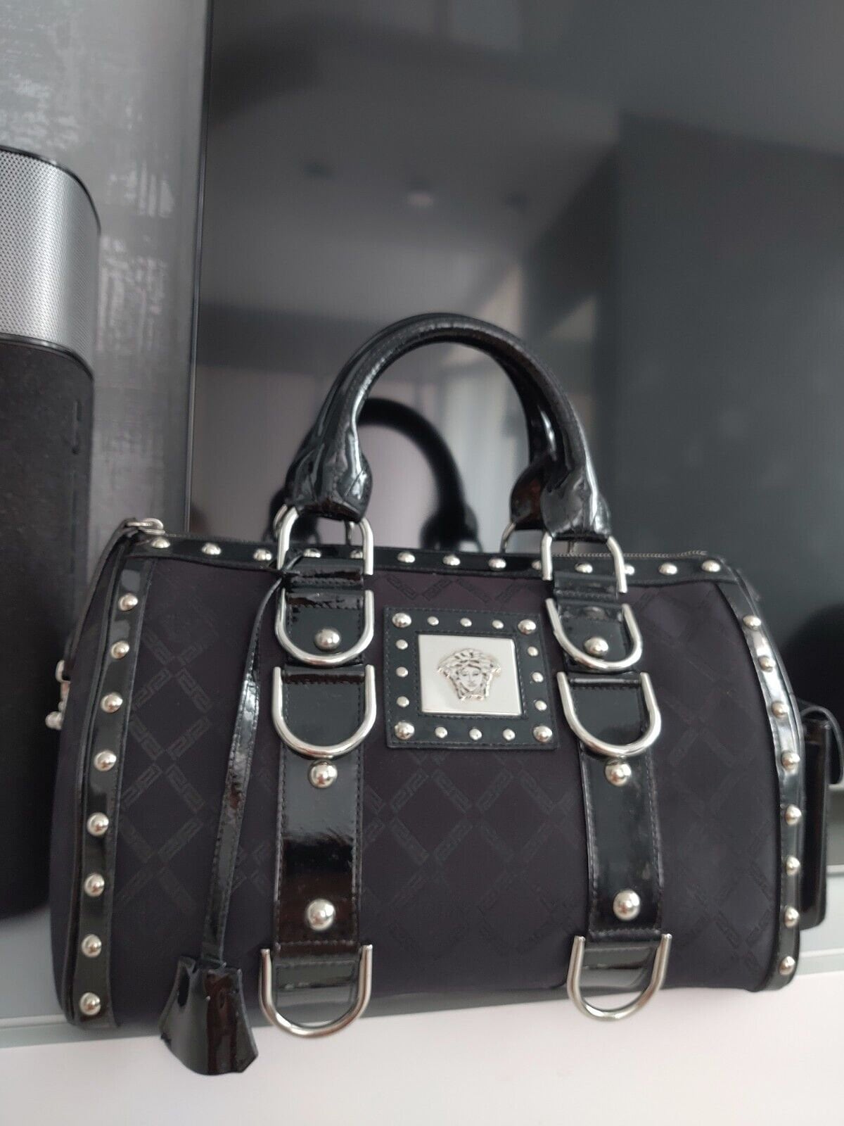 Gianni Versace Madonna Greek Key Medusa Black Monogram Fabric Patent ...