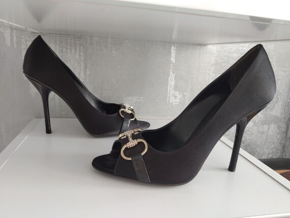 Gucci Black Satin Pumps Rhinestone Horsebit Heels Cry… - Gem