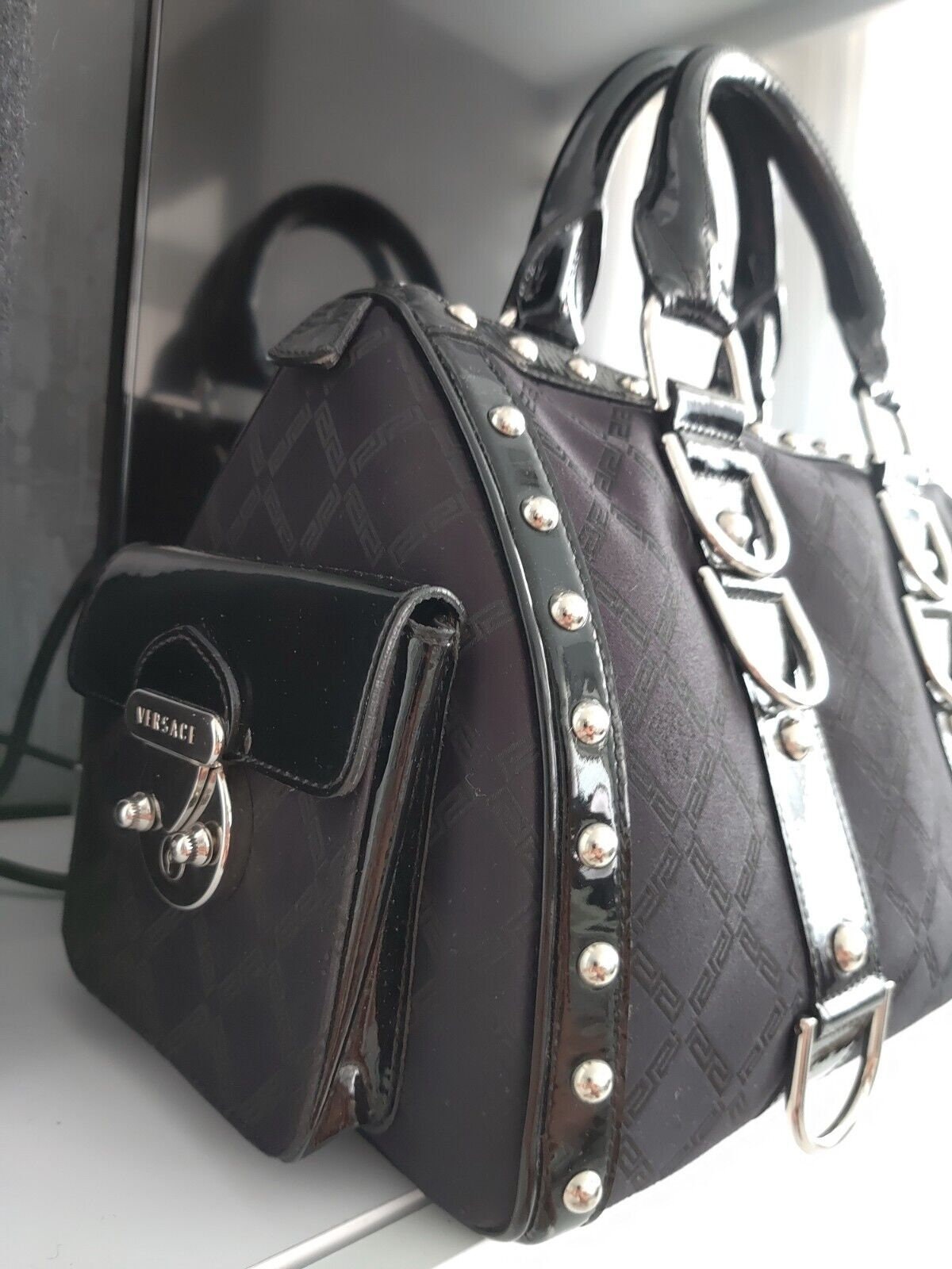 Gianni Versace Madonna Greek Key Medusa Black Monogram Fabric Patent ...