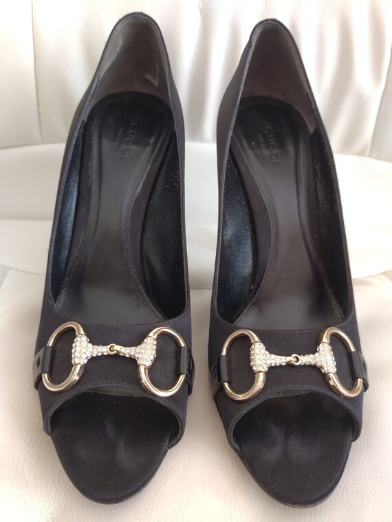 Gucci Black Satin Pumps Rhinestone Horsebit Heels Cry… - Gem