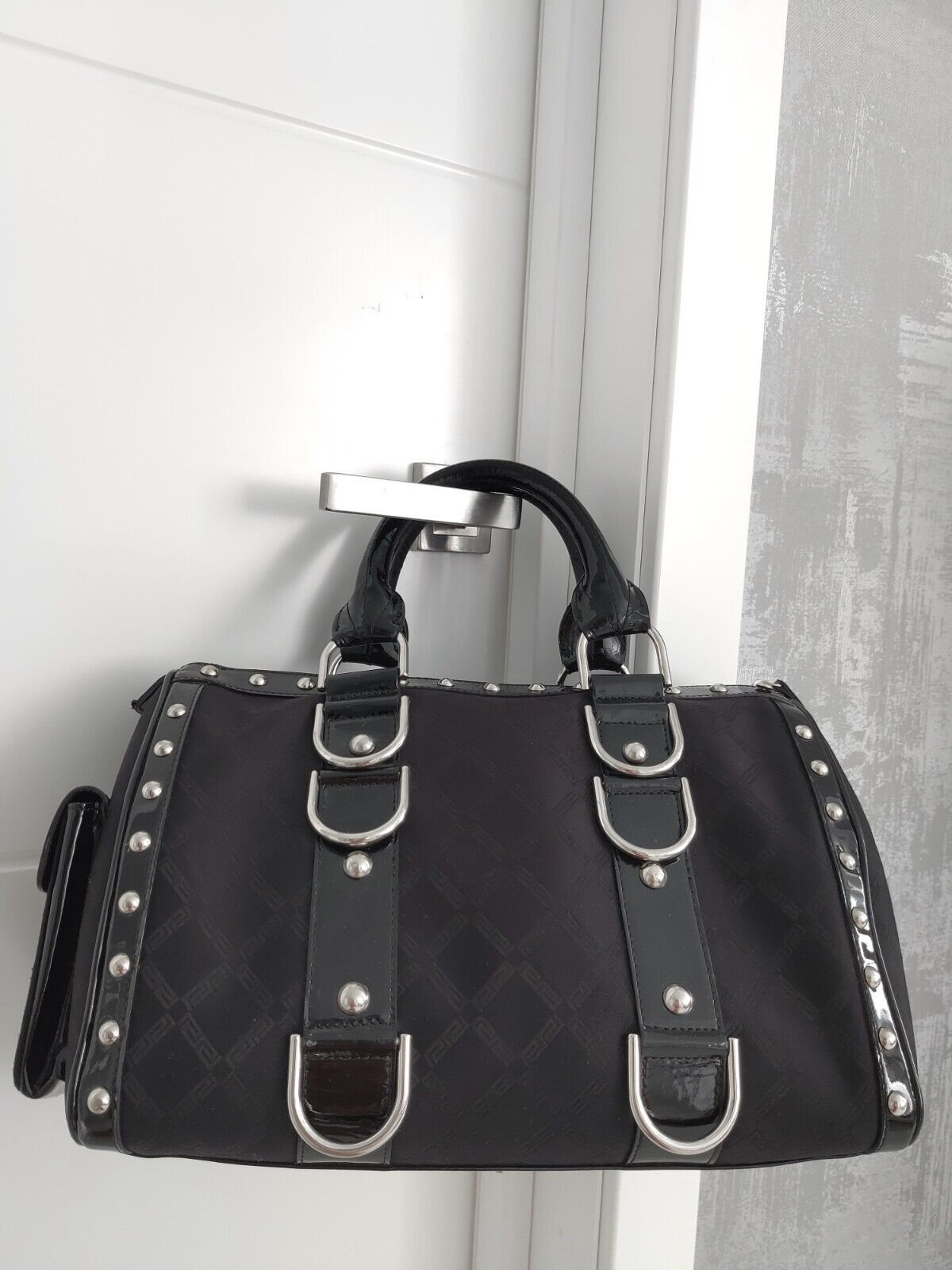 Gianni Versace Madonna Greek Key Medusa Black Monogram Fabric Patent ...