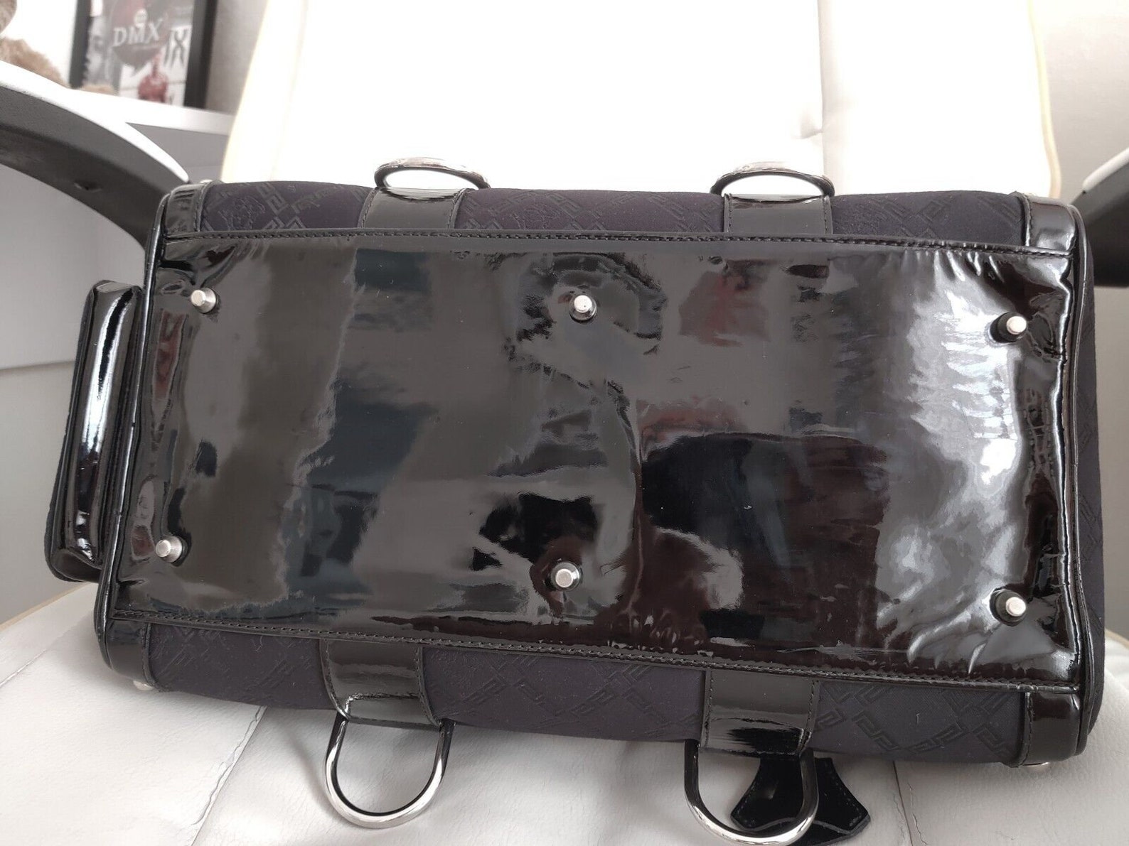 Gianni Versace Madonna Greek Key Medusa Black Monogram Fabric Patent ...