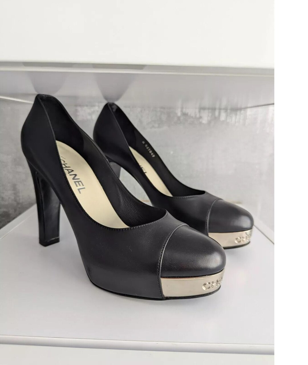 Chanel Logo Silver Tone Black Leather Heels Platform Pumps Shoes G27049 ...