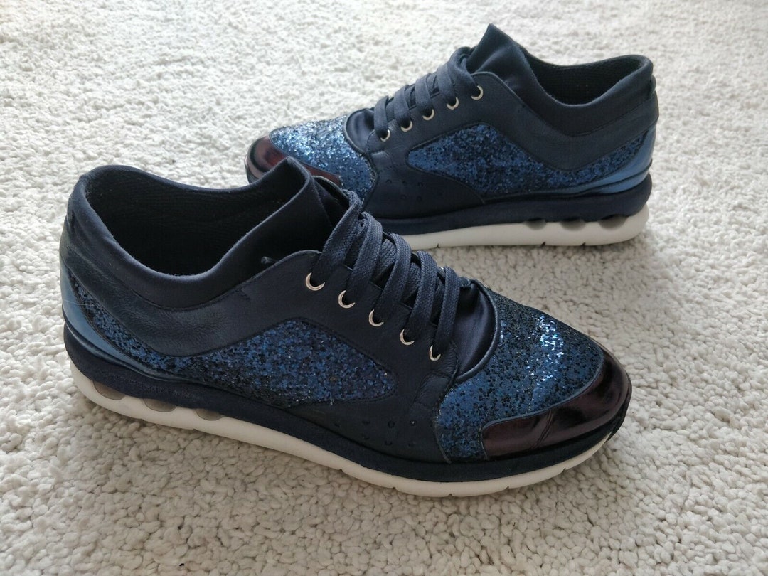 Salvatore Ferragamo Womens Navy Leather Lisel Glitter Sneakers Shoes ...