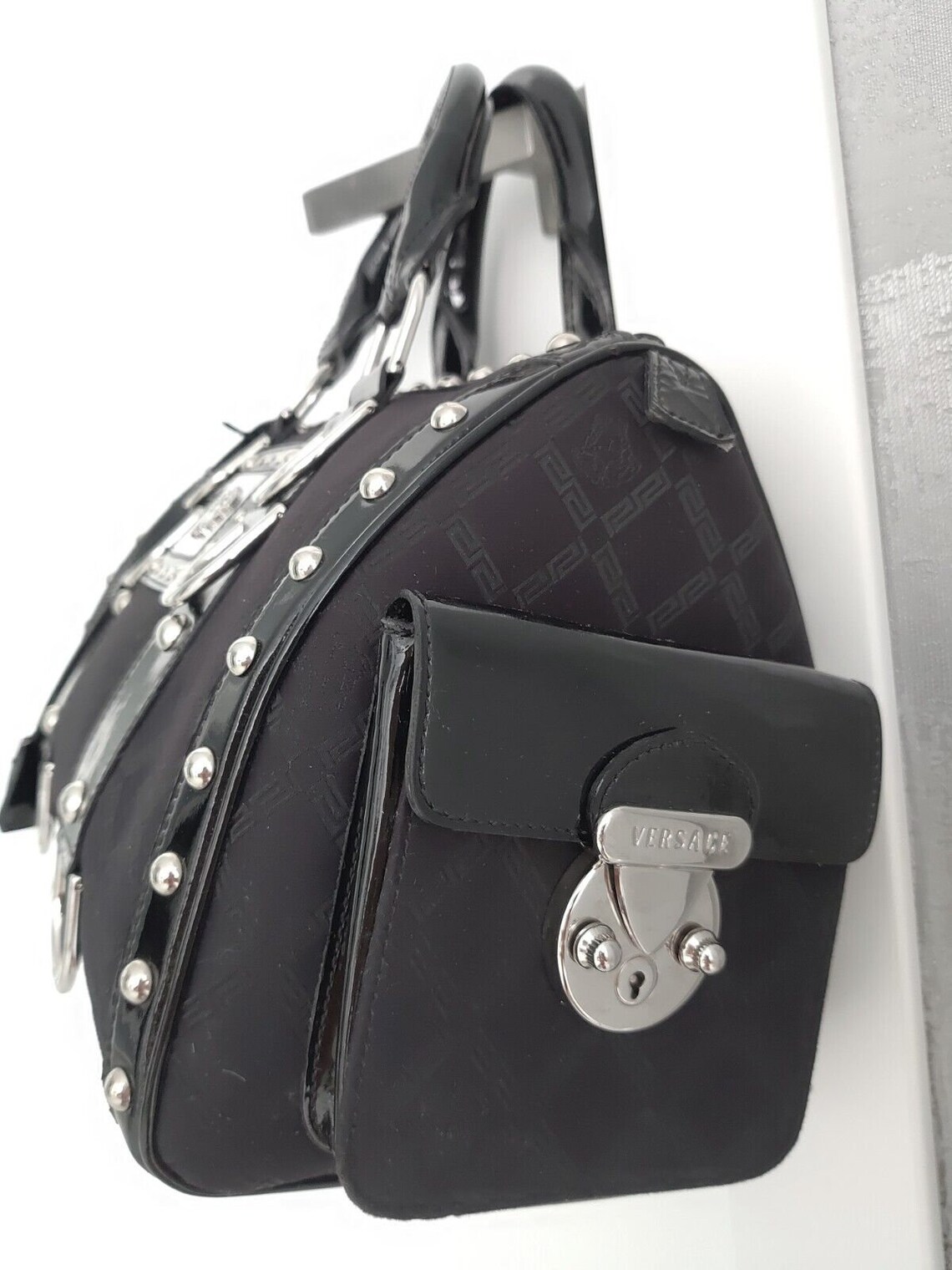 Gianni Versace Madonna Greek Key Medusa Black Monogram Fabric Patent ...