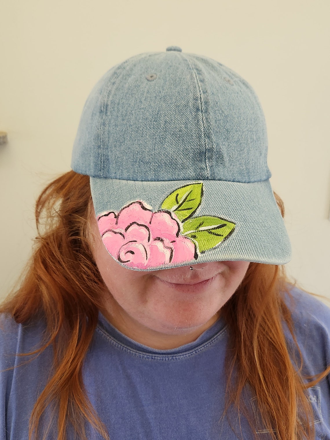 Hand Painted Baseball Cap Hat, Light Denim With Pastel Floral - Etsy