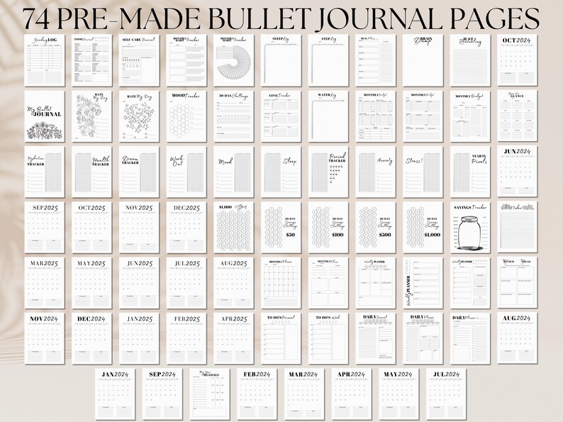 Printable Bullet Journal, Bujo Template, Bullet Journal Pages, Daily Weekly Monthly Habit Mood ...