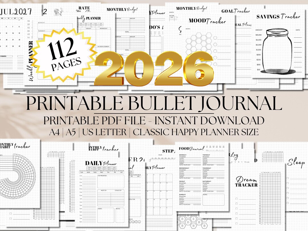 2026 Printable Bullet Journal, Habit & Mood Trackers (PDF Download) - Etsy