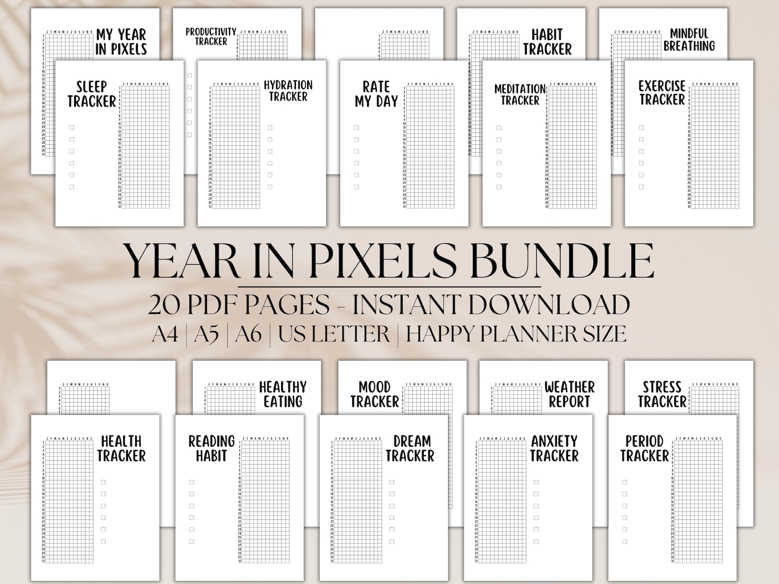 Yearly Habit Tracker, Year in Pixels, Printable Tracker, Journal ...