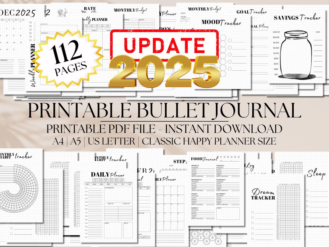 2025 Printable Bullet Journal, Bujo Template, Bullet Journal Pages ...