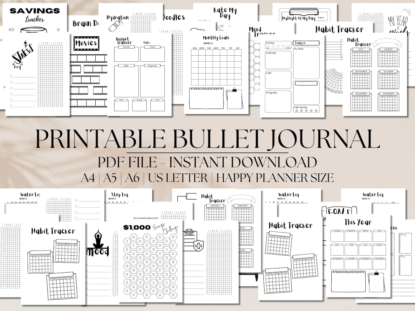 Printable Bullet Journal Templates, Habit & Mood Trackers (PDF Download ...