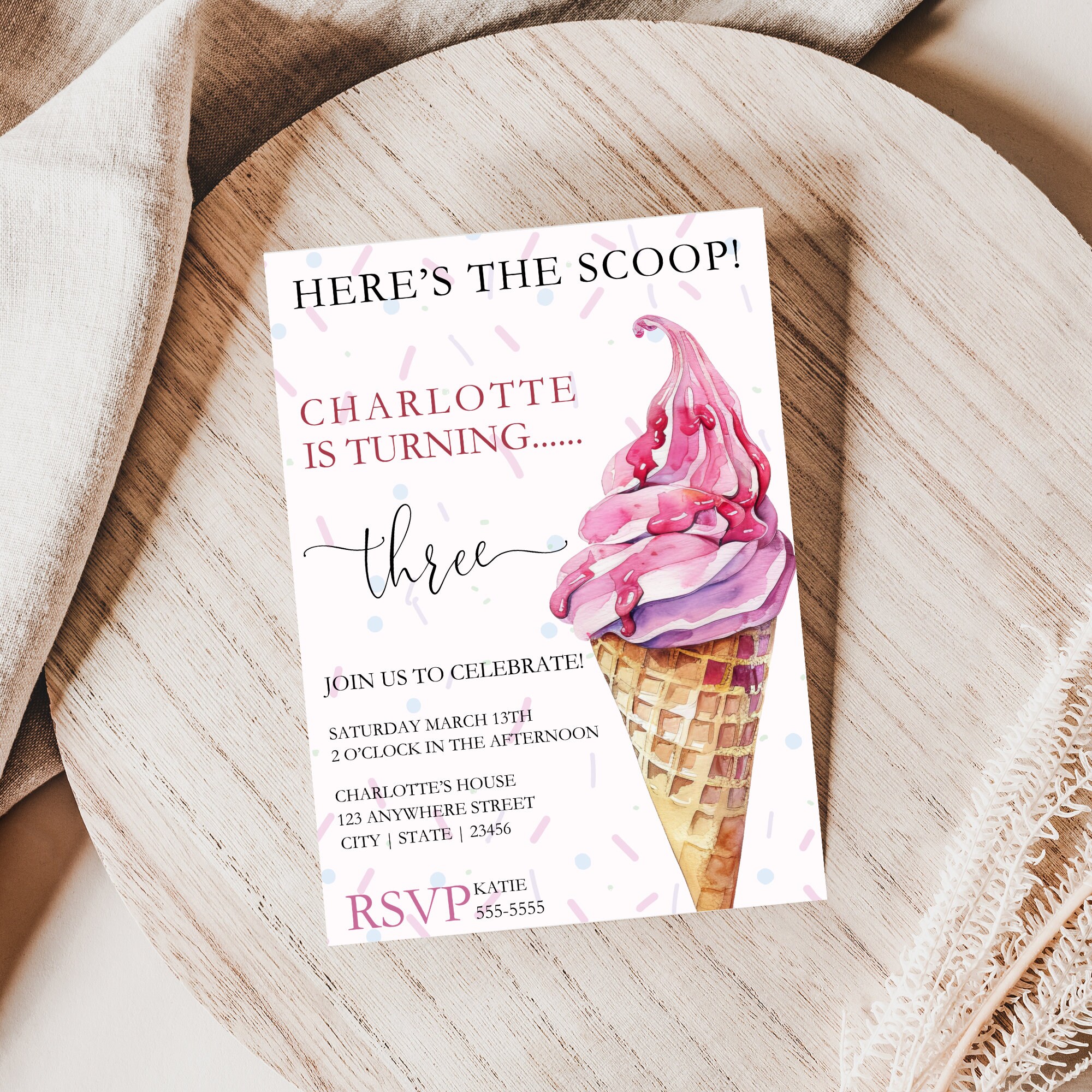 Ice Cream Birthday Party Invitation, Third Birthday Party Invitation ...