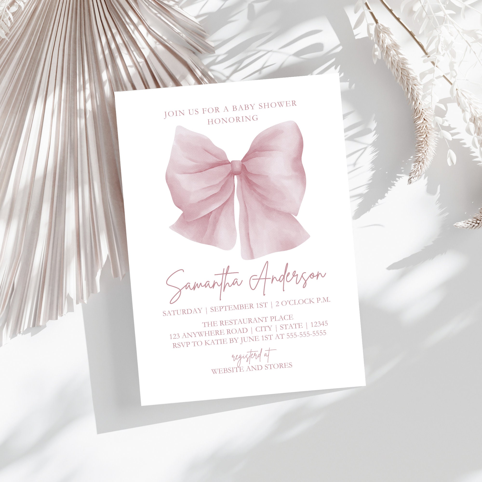 Pink Ribbon Baby Shower Invitation, Pink Bow Girl Baby Shower ...