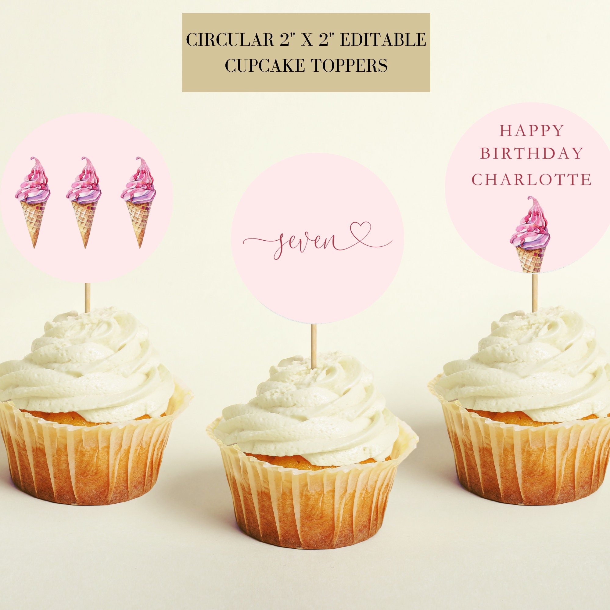 7th Birthday Cupcake Toppers, Ice Cream Cupcake Toppers, Seventh ...