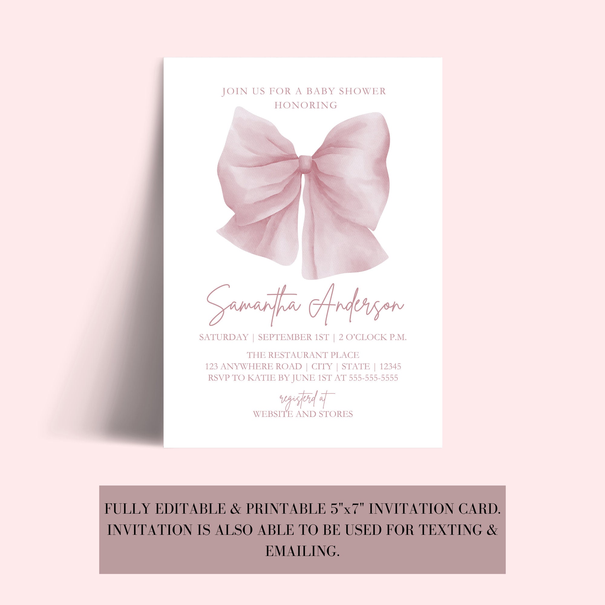 Pink Ribbon Baby Shower Invitation, Pink Bow Girl Baby Shower ...