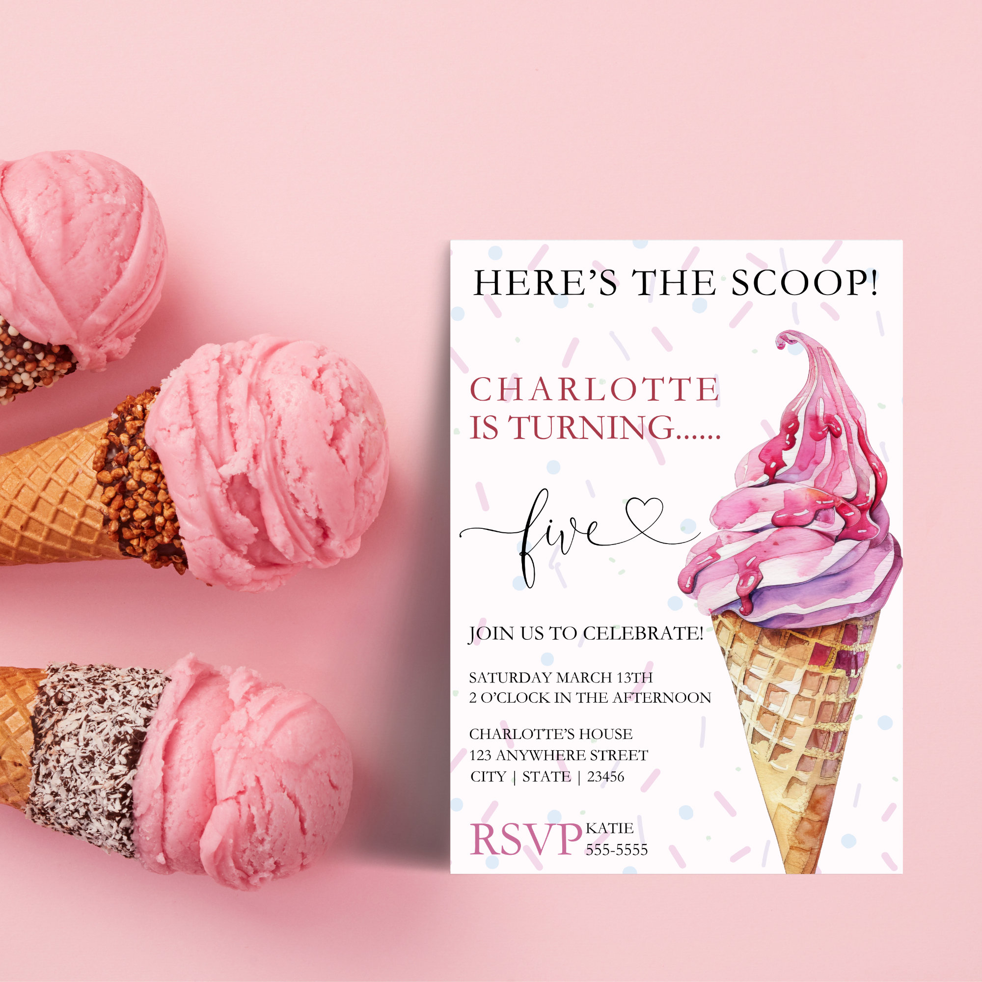 Ice Cream Theme Birthday Invitation, Fifth Birthday Invitation Girl ...