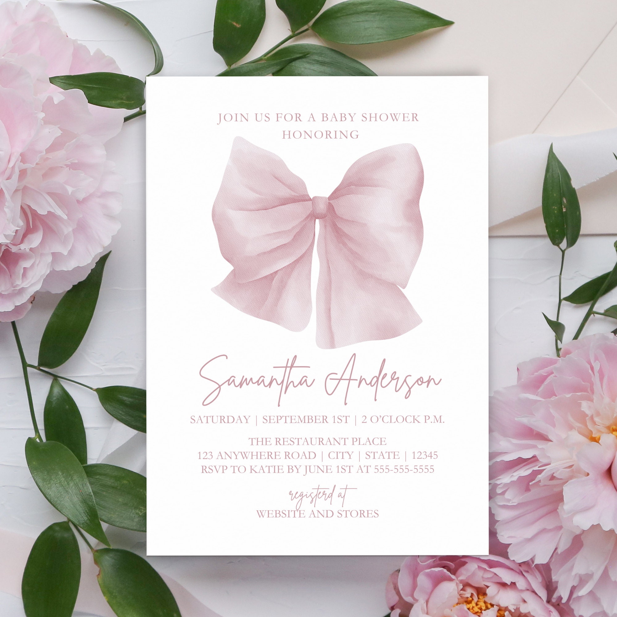 Pink Ribbon Baby Shower Invitation, Pink Bow Girl Baby Shower ...
