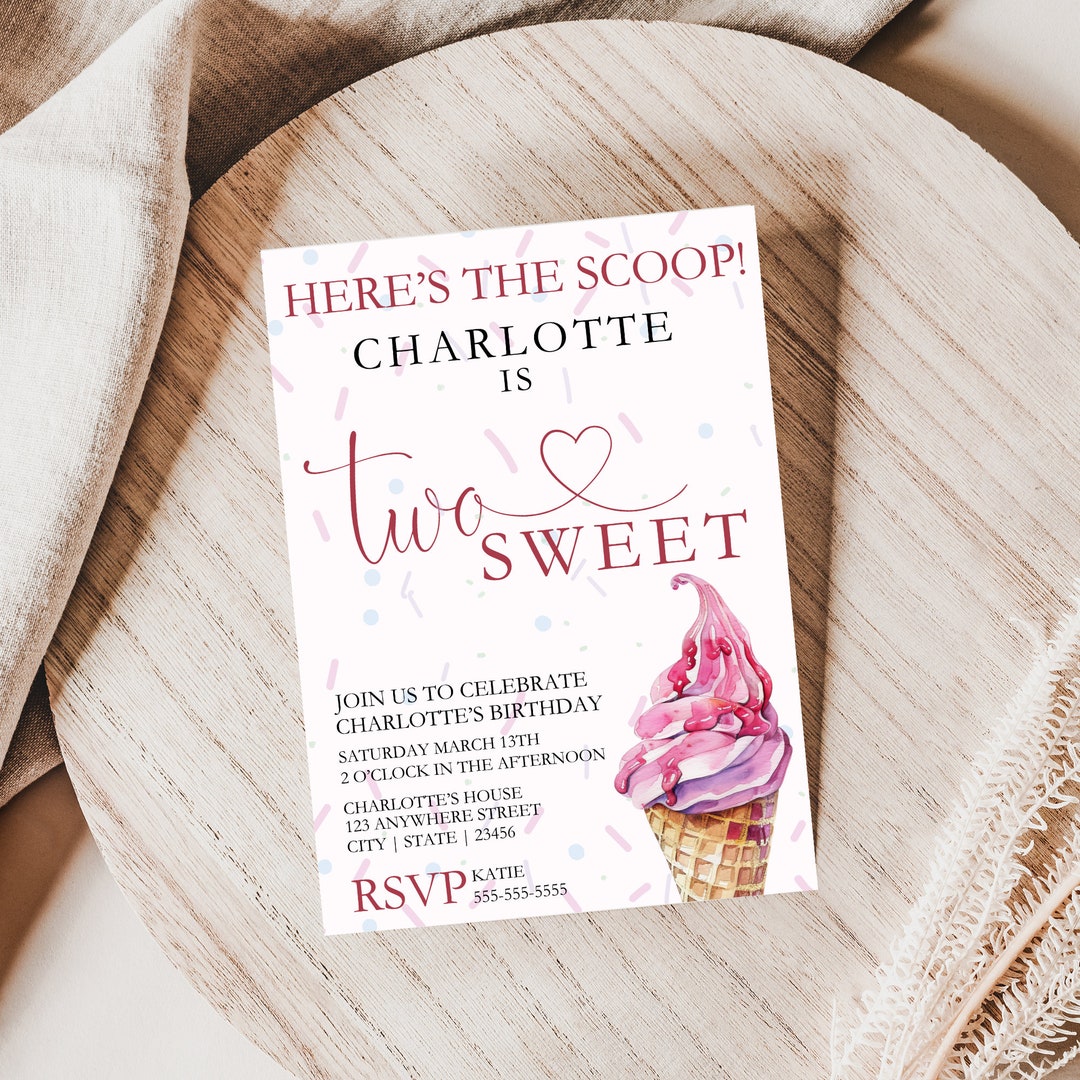 Two Sweet Ice Cream Invitation, Two Sweet Birthday Party Invitation ...