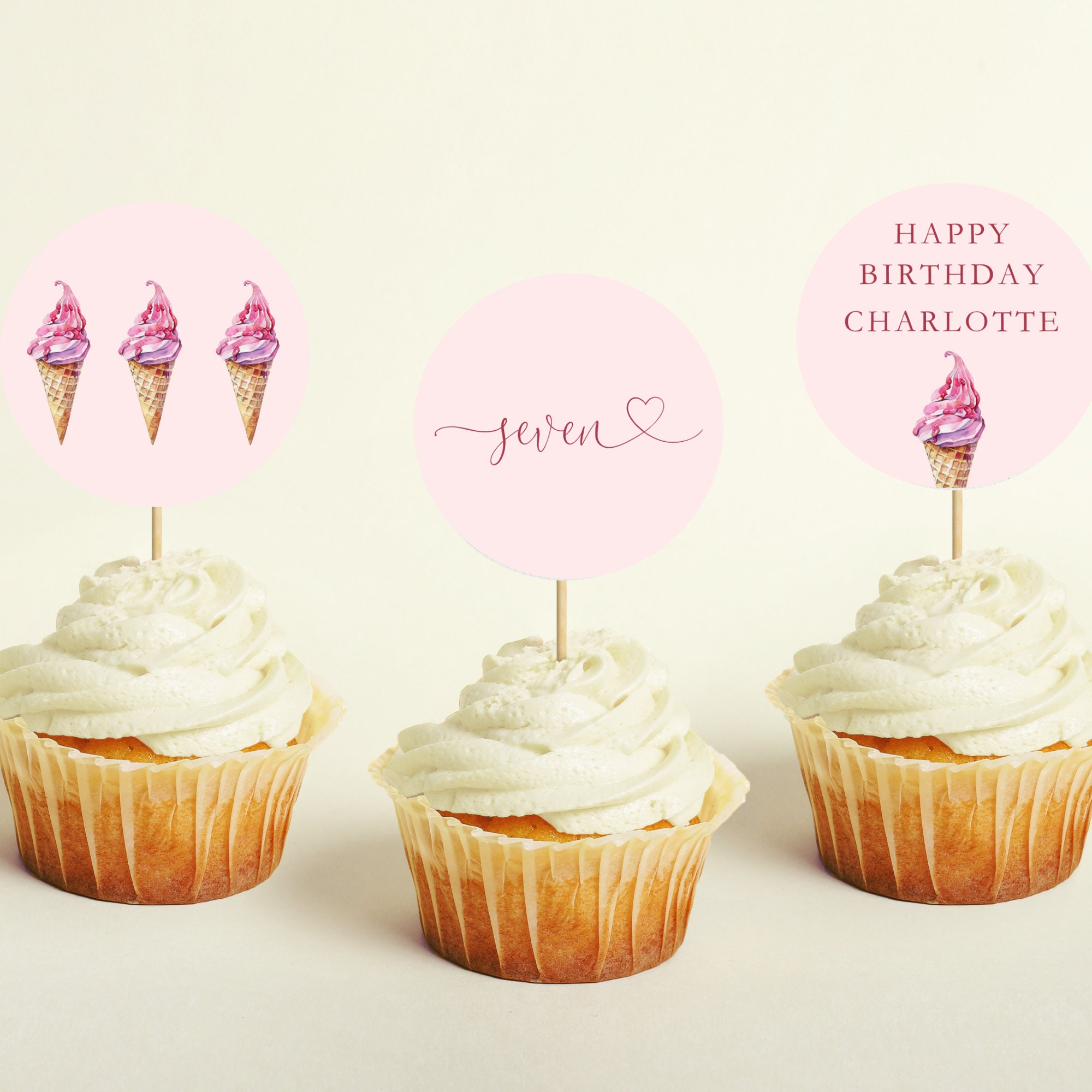 7th Birthday Cupcake Toppers, Ice Cream Cupcake Toppers, Seventh ...