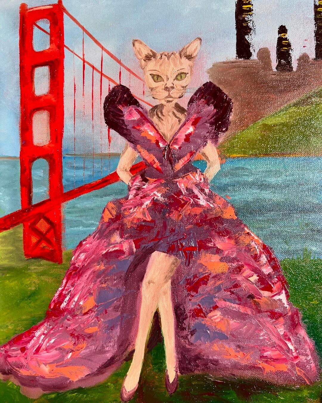 Glamorous Cat in the Big City. Funny Cats Painting. Gift for Cats ...