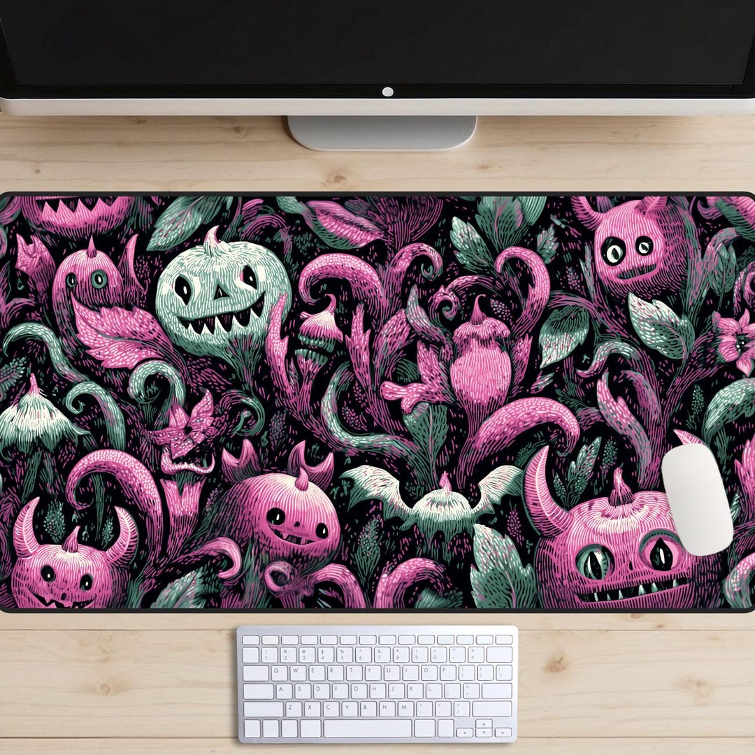 Little Monsters Desk Mat, Spooky Cute Pink Pumpkin Mouse Pad, Large ...