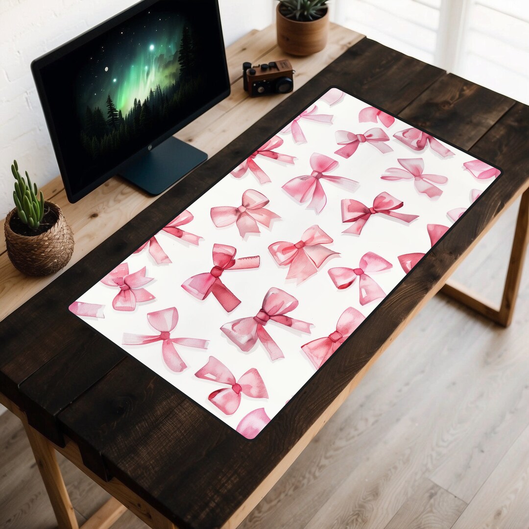 Pink Bows Desk Mat, Coquette Bows Desk Pad, Baby Pink Ribbons Desk ...