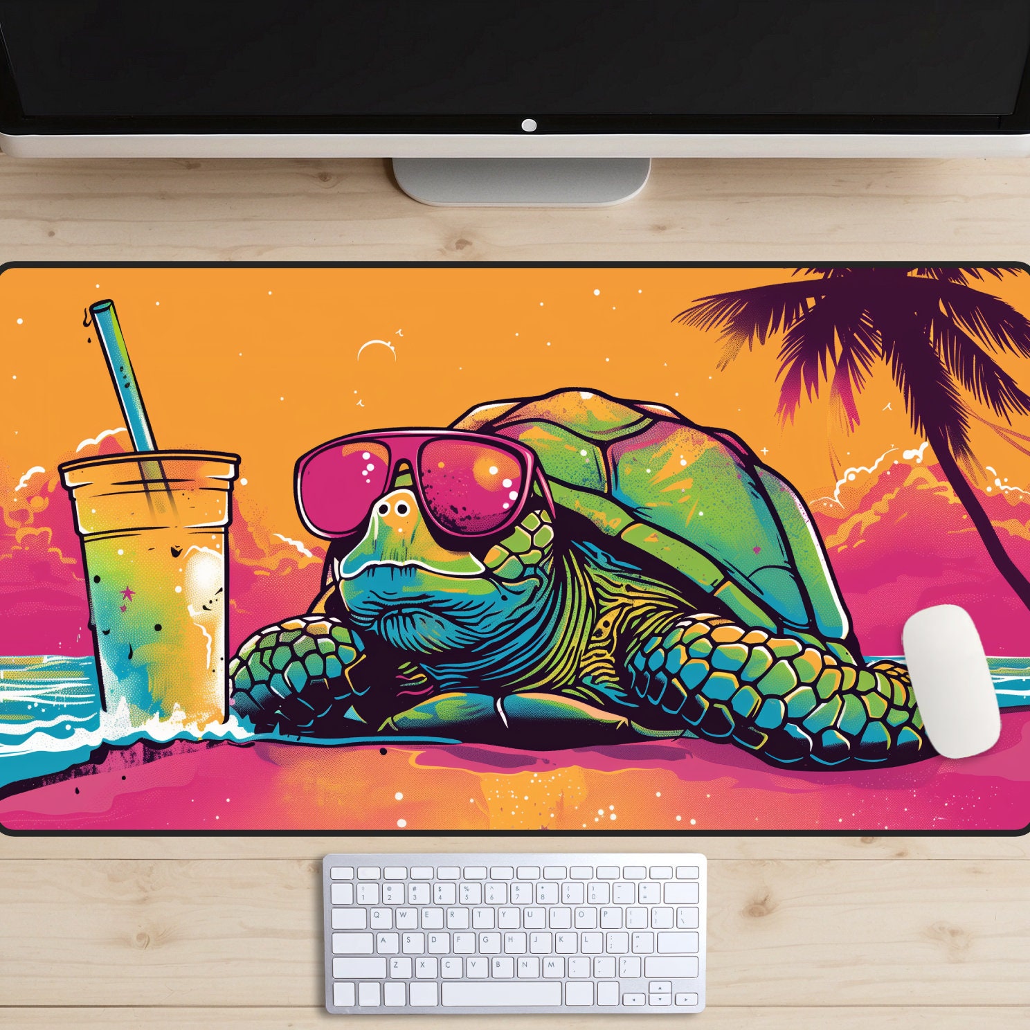 Chill Beach Turtle Desk Mat, 90's Turtle Desk Pad, Boba Tea Mousepad ...