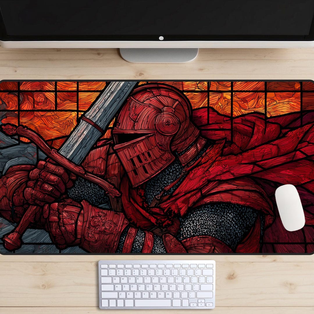 Crimson Knight Stained Glass Desk Mat, Gothic Medieval Paladin Mouse ...