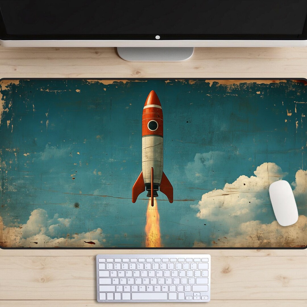 Vintage Rocket Poster Desk Mat, Space Ship Desk Pad, Science Fiction ...