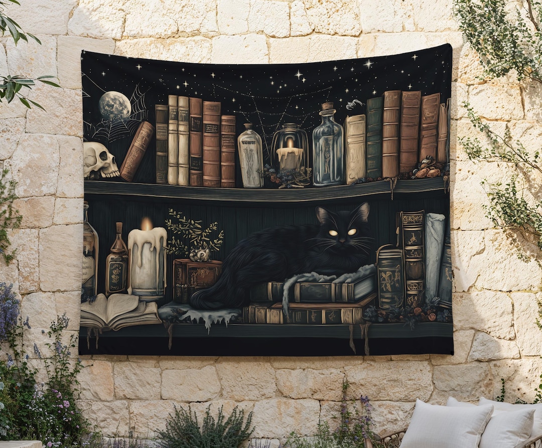 Witch's Bookshelf Tapestry, Witchy Bookcase Wall Hanging, Black Cat ...