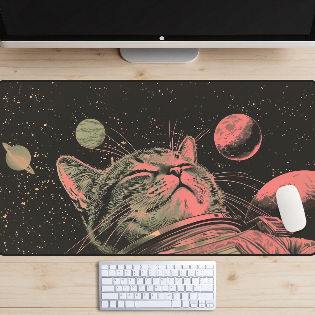 Space Cat Desk Mat, Outer Space Kitty Desk Pad, Vintage Astronaut ...