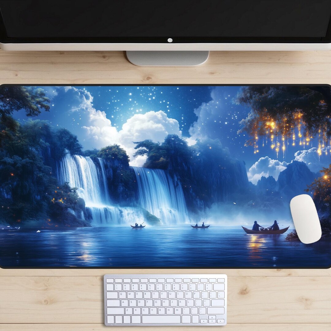 Nighttime Waterfall Desk Mat, Beautiful Night Sky Desk Pad, Starry Sky ...