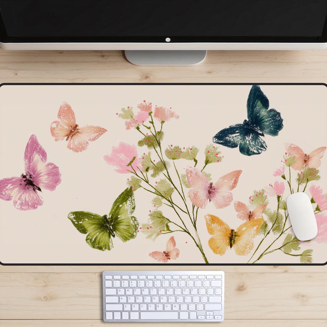 Butterfly Block Print Desk Mat, Butterflies Desk Pad, Floral Desk ...