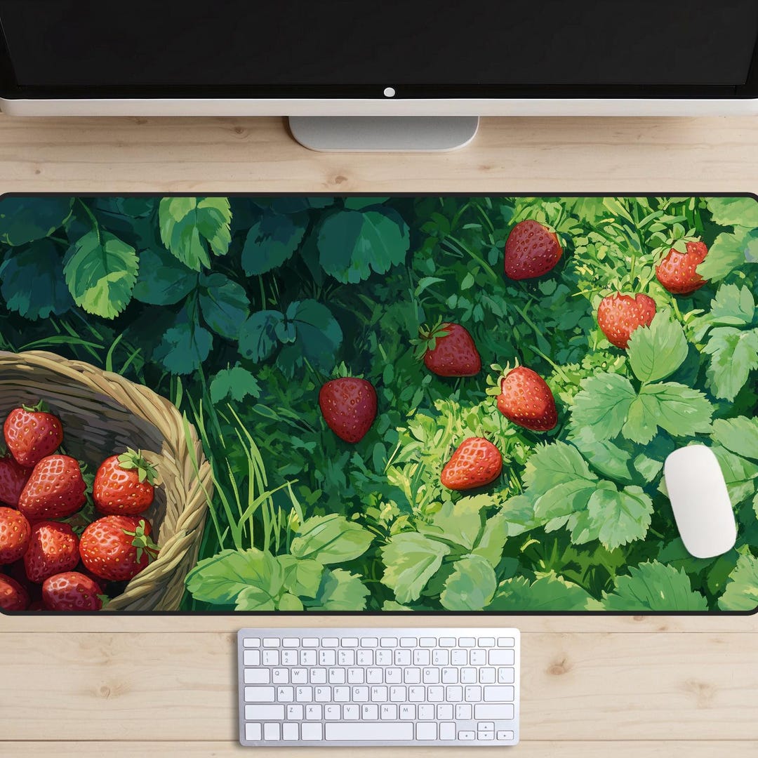 Strawberry Patch Desk Mat, Fresh Strawberries Desk Pad, Lofi Desk Mat ...