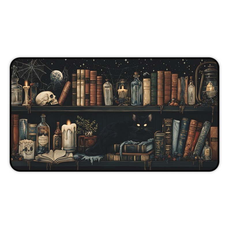 Witch's Bookshelf Desk Mat, Witchy Bookcase Desk Pad, Black Cat ...