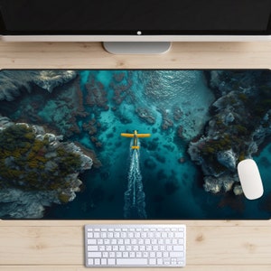 Seaplane Desk Mat, Plane Landing on Water Desk Pad, Tropical Blue ...